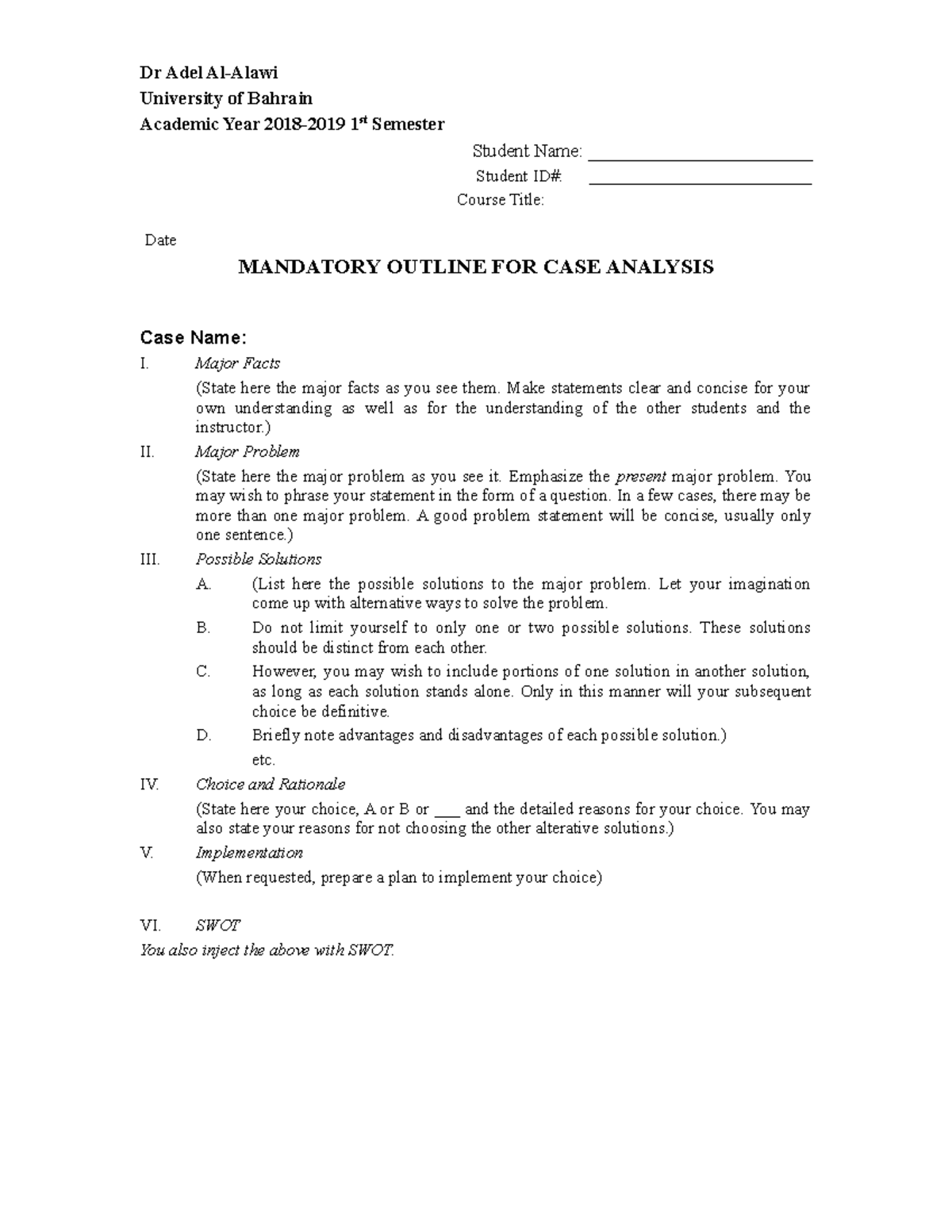 MGT631 HRM Outline FOR CASE Analysis - Template - Dr Adel University of ...