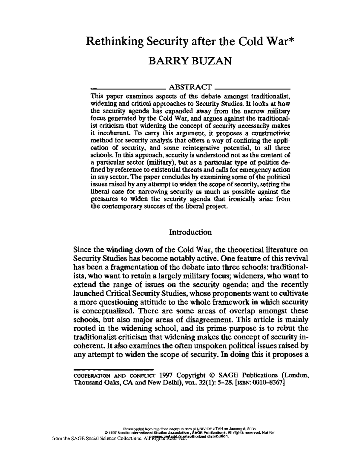 Buzan, B. (1997). Rethinking Security after the Cold War. Cooperation ...