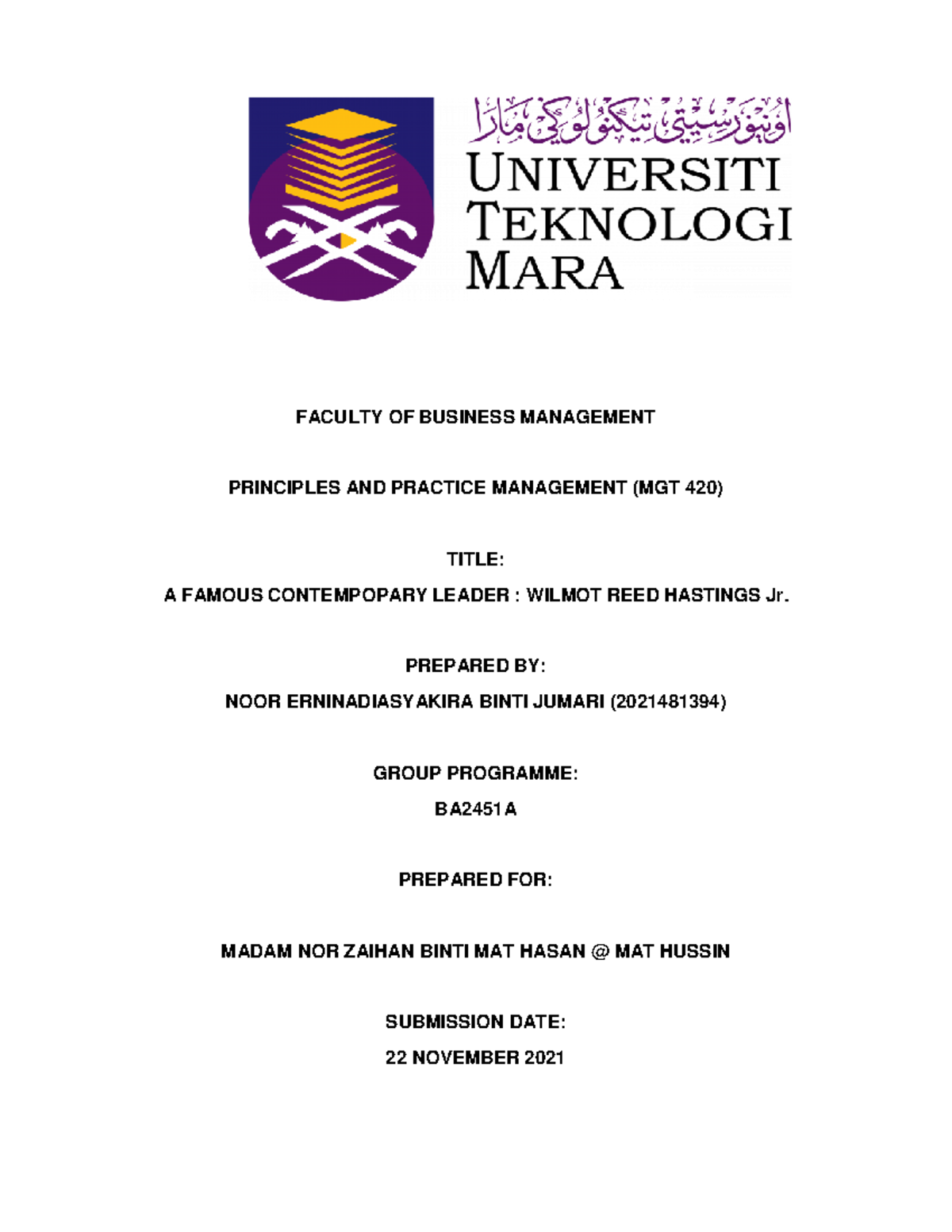 Individual Assignment - FACULTY OF BUSINESS MANAGEMENT PRINCIPLES AND PRACTICE MANAGEMENT (MGT ...