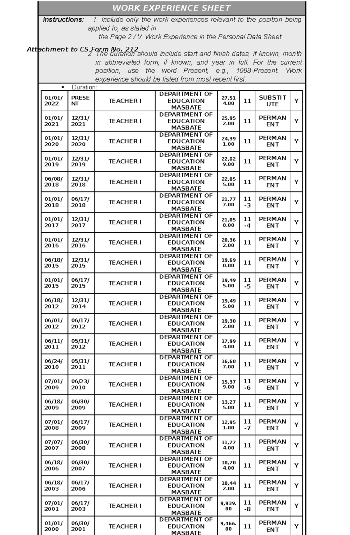 Blank Work Experience Sheet edited - WORK EXPERIENCE SHEET Instructions ...