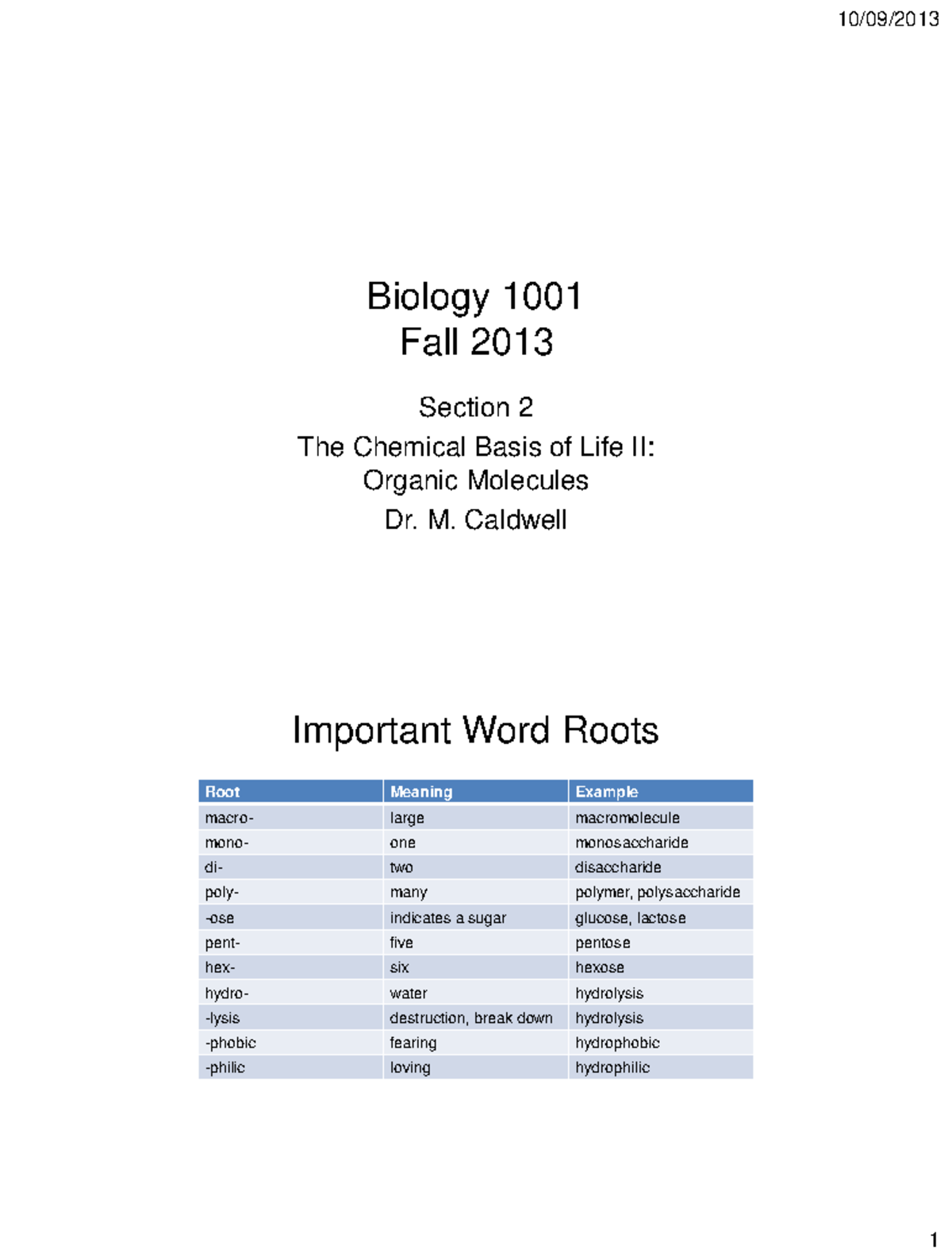 Biology 1001 F13 Section 2 - 2 slides - 10/09/2013 Biology 1001 Fall ...