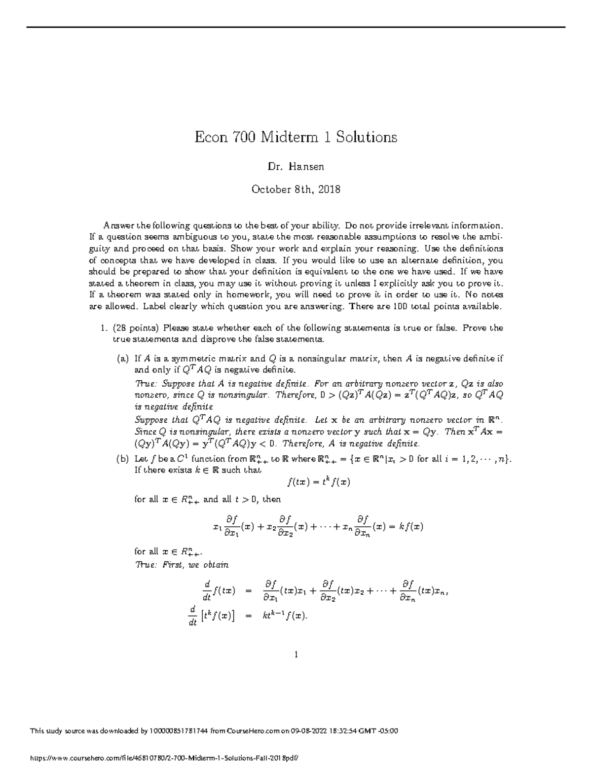 700 Midterm 1 Solutions Fall 2018 - Econ 700 Midterm 1 Solutions Dr ...