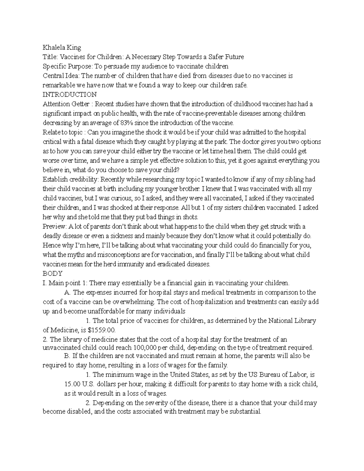 Outline Sample 1 - Khalela King Title: Vaccines for Children: A ...