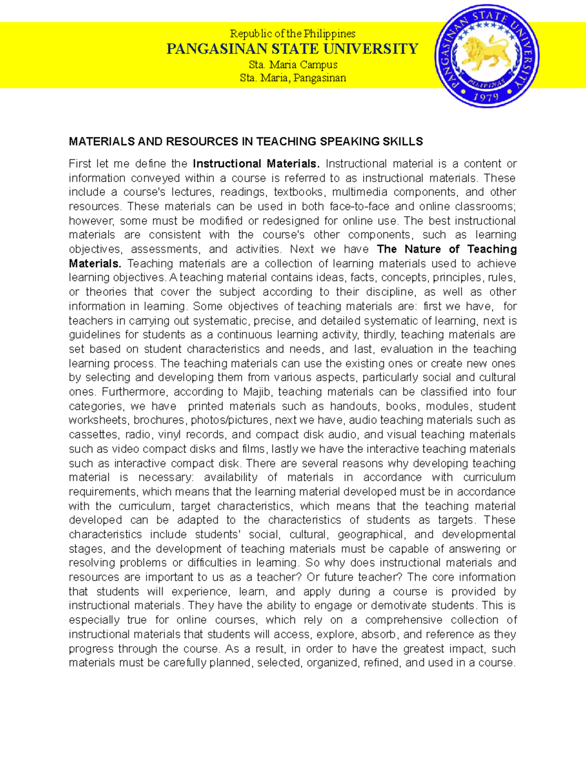 Word Format Script for Reporting in Materials and Resources in Speaking ...