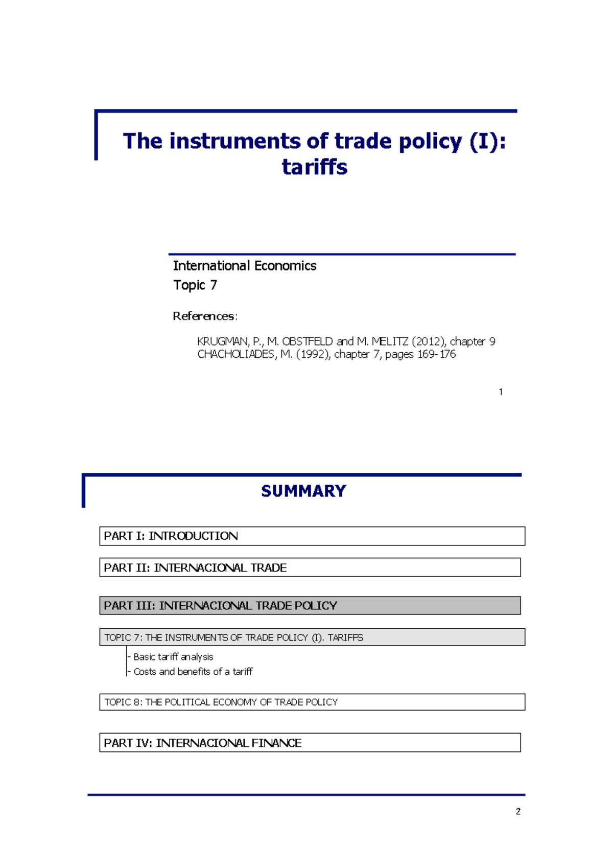 Slides Topic 7 - therical course - The instruments of trade policy (I ...