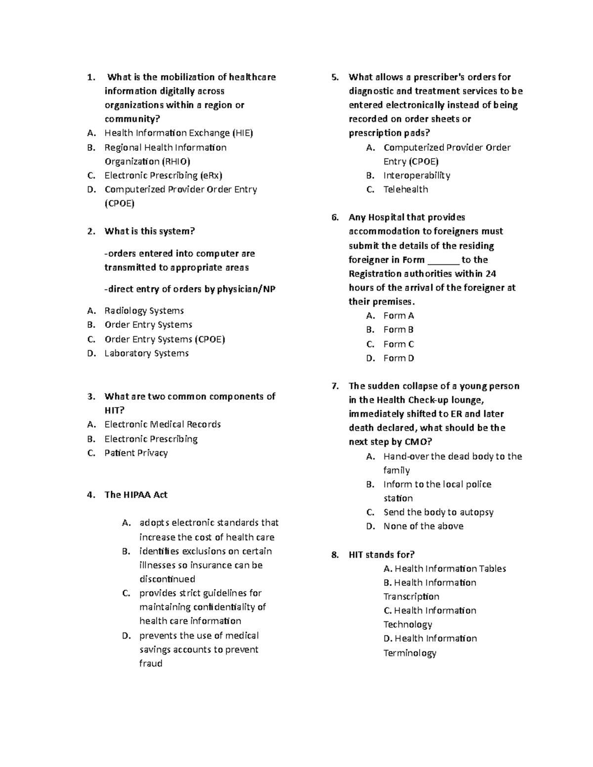 HIS B5 - 5 item Short quiz - What is the mobilization of healthcare ...