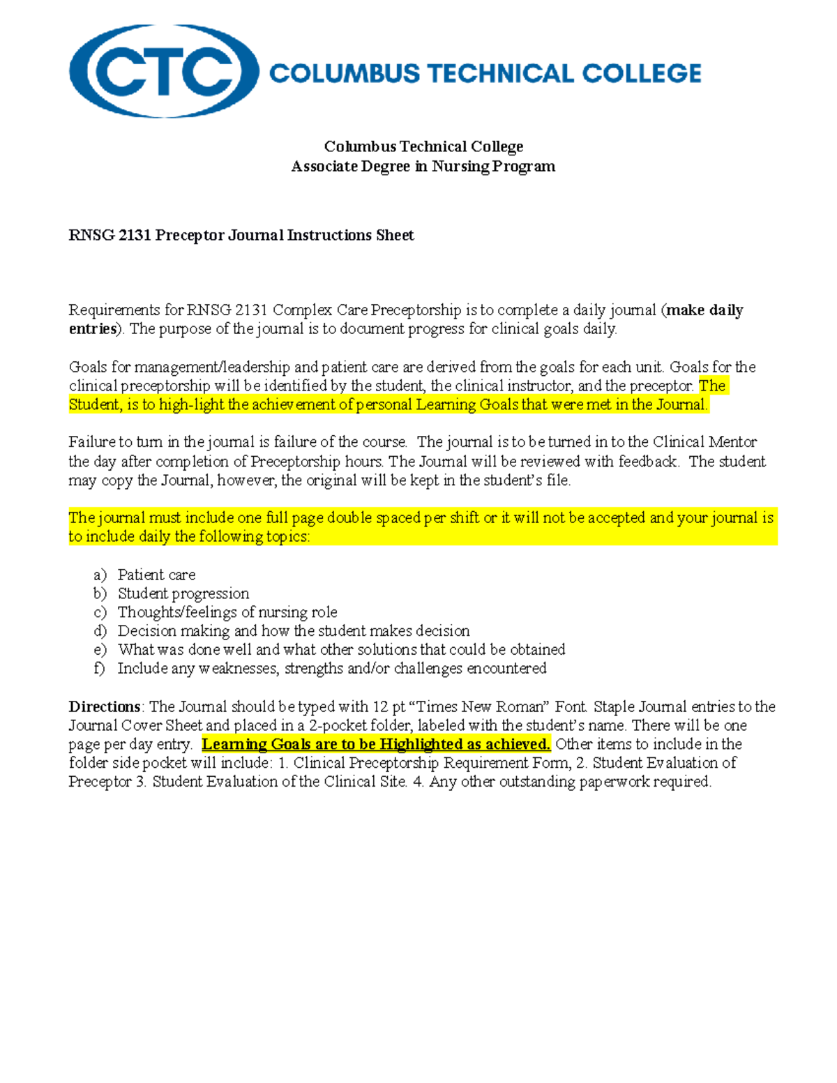Journal Instructions and Cover Form - Columbus Technical College ...