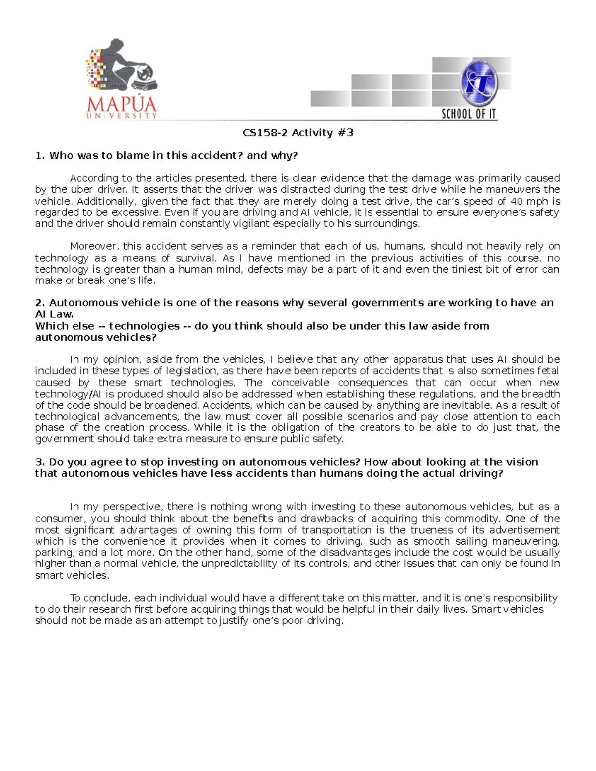 A3 - CS158-2 Activity - CS158-2 Activity Who was to blame in this ...