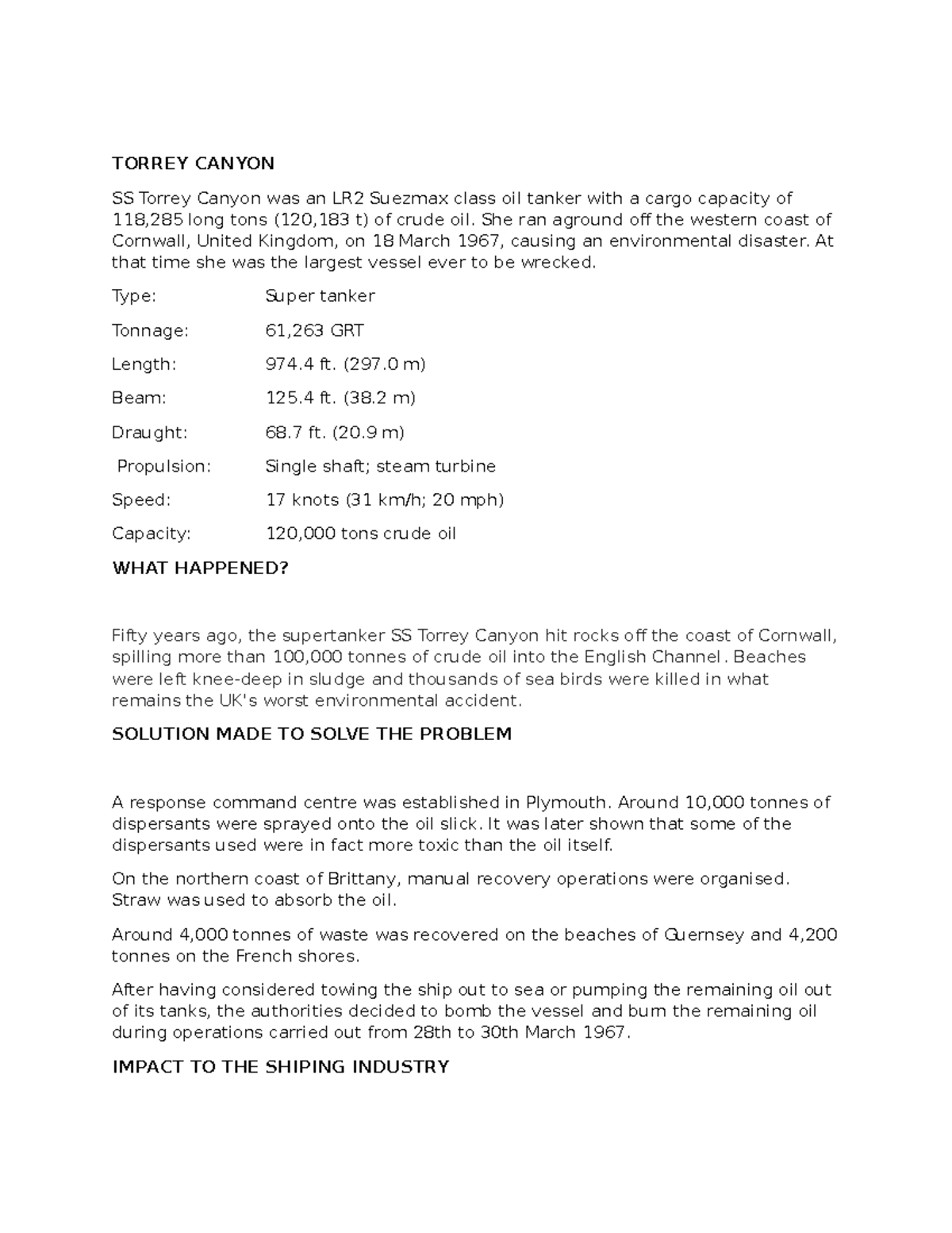 Case Study No 11111 - ... - TORREY CANYON SS Torrey Canyon was an LR2 ...