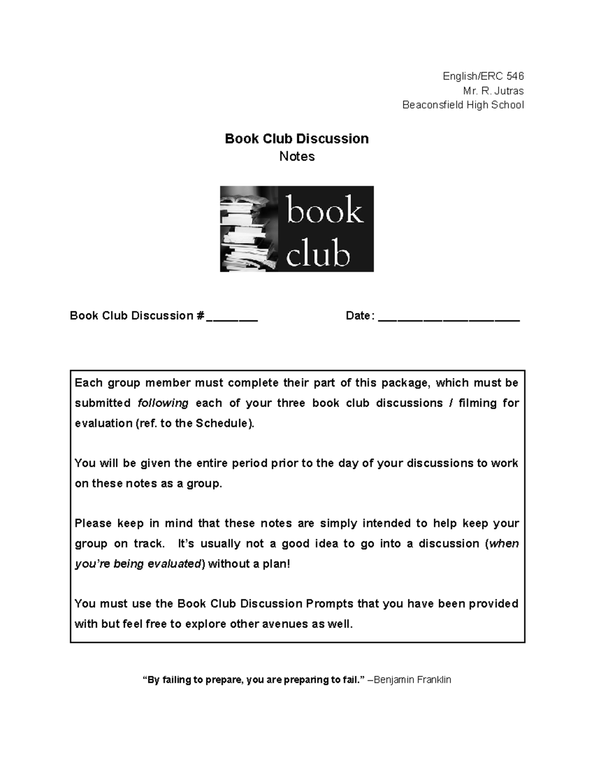 Book Club Notes sheet - English/ERC 546 Mr. R. Jutras Beaconsfield High ...