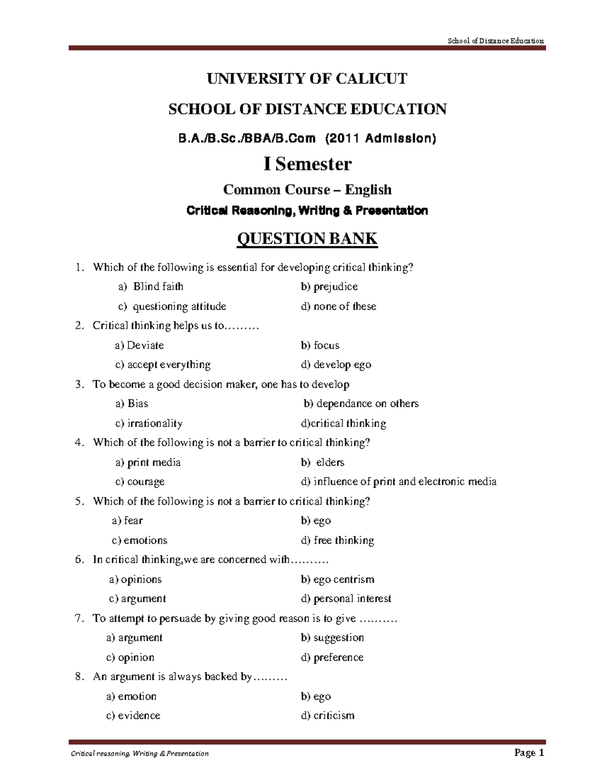 Question Bank Common Course English BABSc BBA - UNIVERSITY OF CALICUT ...