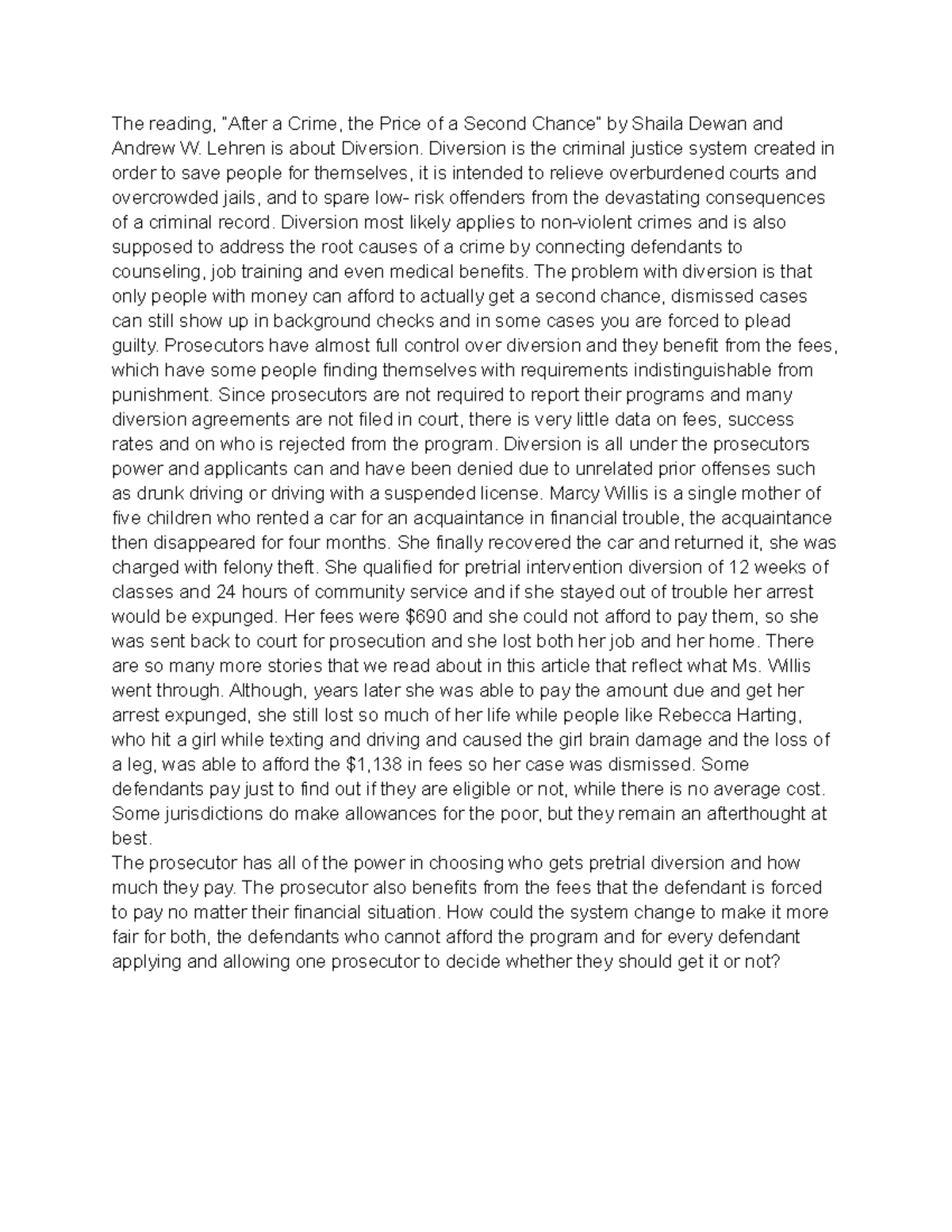 discussion leader - The reading, “After a Crime, the Price of a Second ...