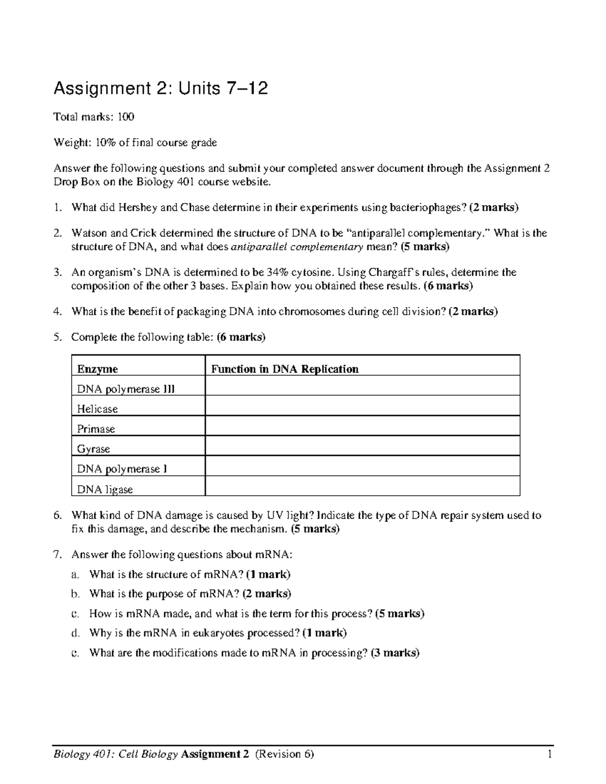 Assignment #2 - Biology 401: Cell Biology Assignment 2 (Revision 6) 1 ...