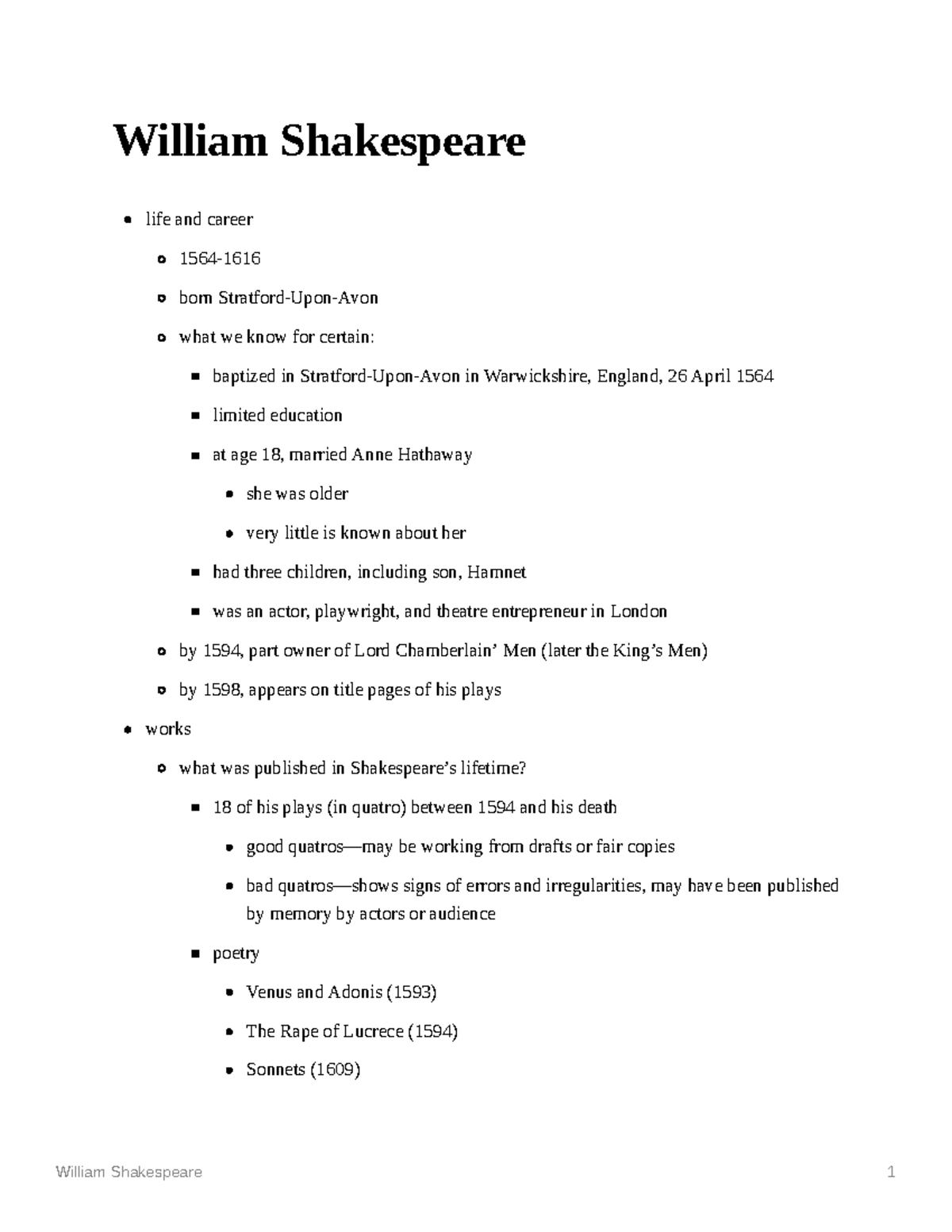 ENGL 2230 William Shakespeare - William Shakespeare life and career ...