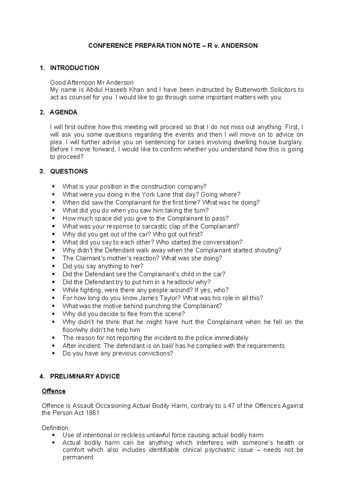 Conference note - R v Anderson - CONFERENCE PREPARATION NOTE – R v ...