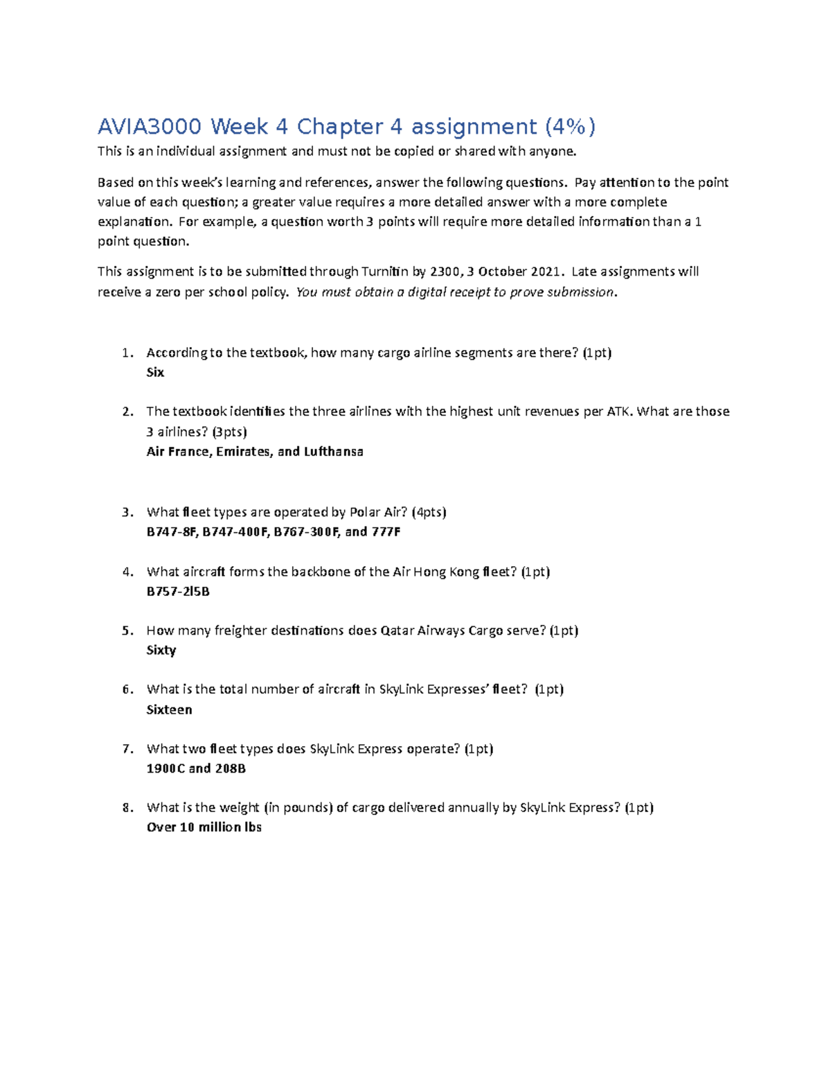 Assignment 4, Week 4, Chapter 4, Air Cargo, Customs, and Logistics ...
