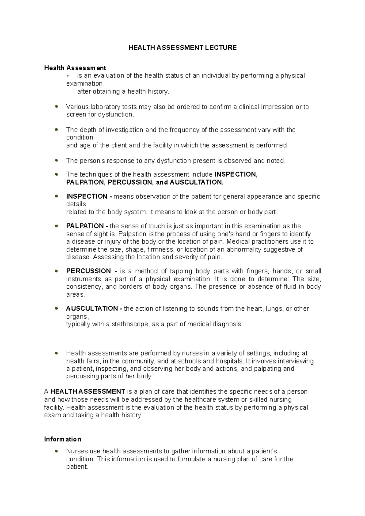 Health- Assessment- Lecture - HEALTH ASSESSMENT LECTURE Health ...