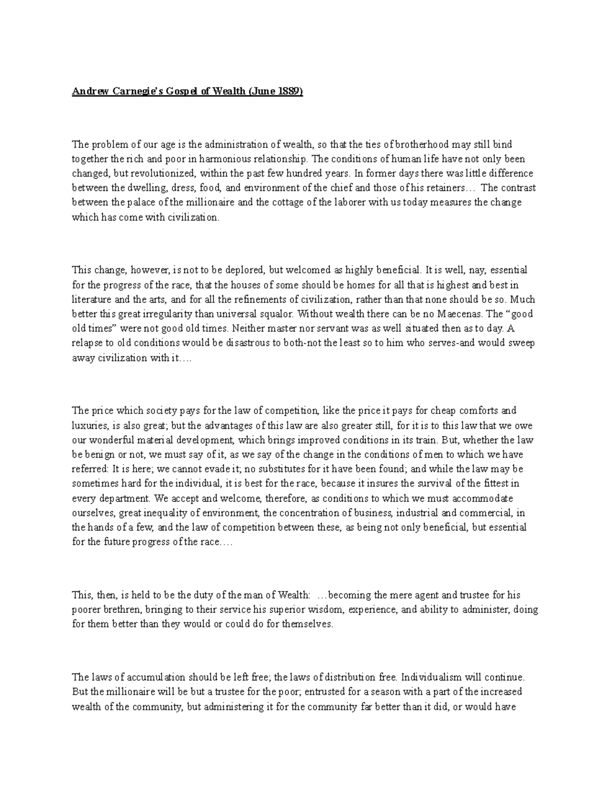 Andrew Carnegies Gospel of Wealth (June 1889) - HIS 332 - Farmingdal ...