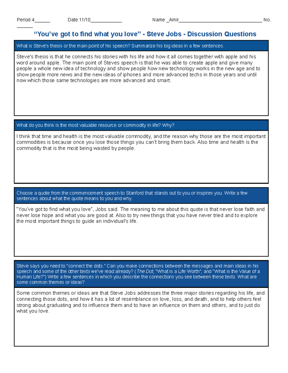 Steve Jobs Disc Questions - commencement speech - Period 4______ Date ...