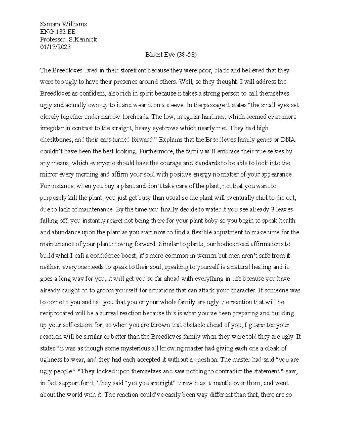 Bluest Eye (38-58) - Bbbbb - Samara Williams ENG 132 EE Professor. S 01 ...