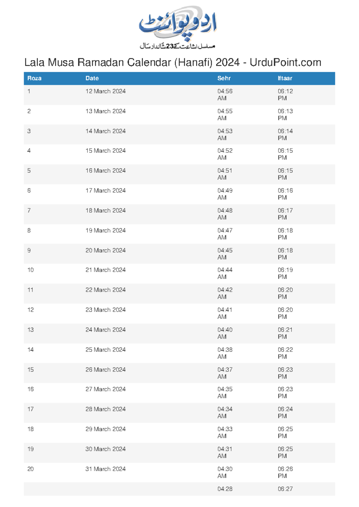 Lala musa ramadan calendar 2024 urdupoint - Roza Date Sehr Iftaar 1 12 ...