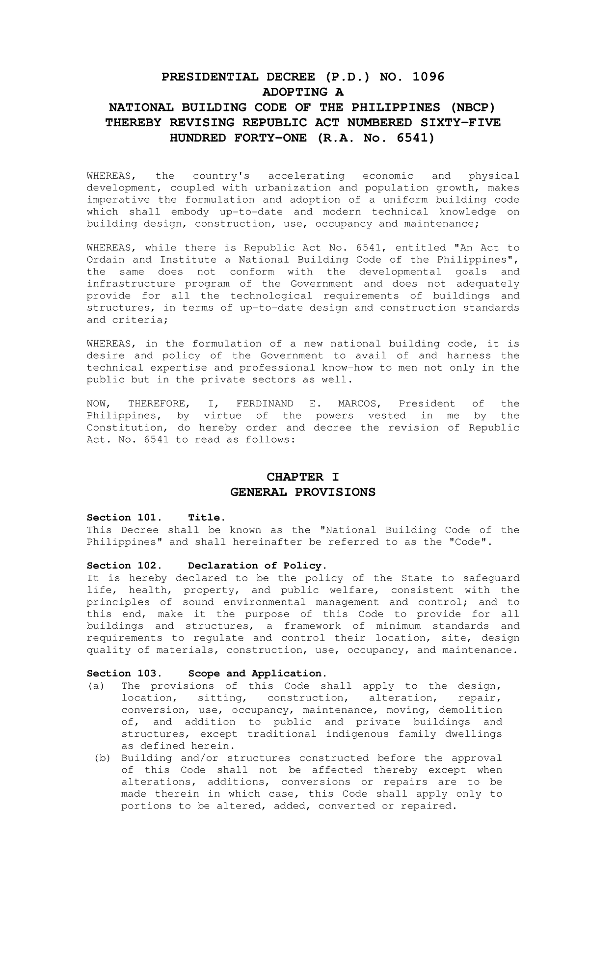 National Building Code PD 1096 - PRESIDENTIAL DECREE (P.) NO. 1096 ...