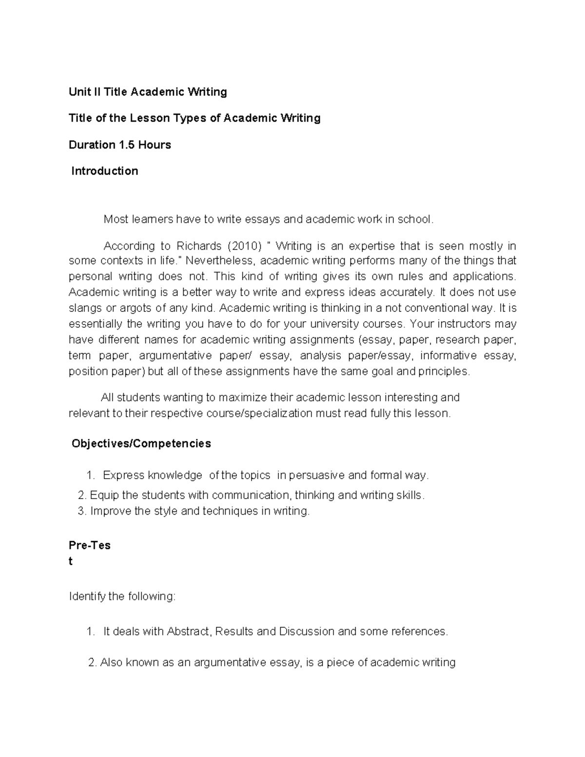 20 Unit-II-Lesson-3 - lesson - Unit II Title Academic Writing Title of ...