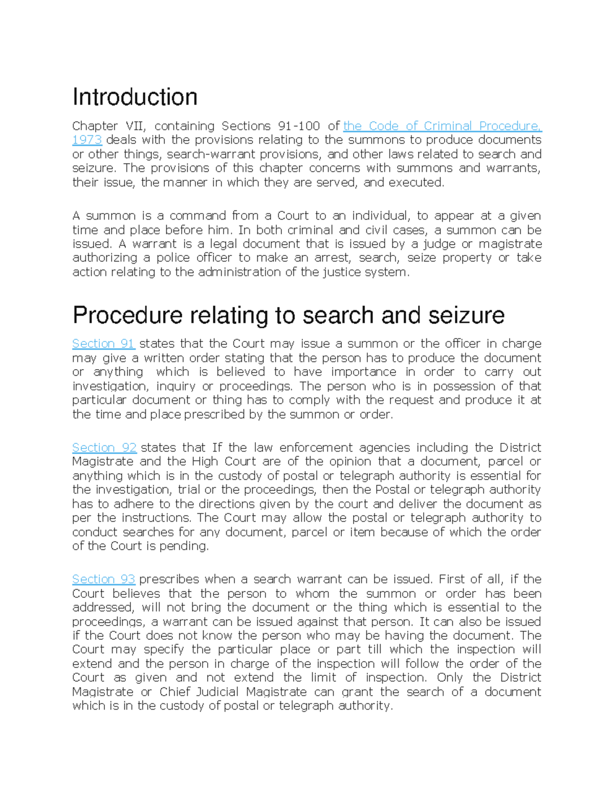 Crpc unit 22 - Introduction Chapter VII, containing Sections 91-100 of the Code of Criminal ...