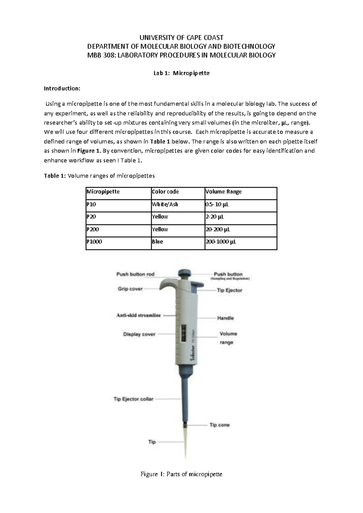MBB 308 Lab 1 MICROPIPETTING - UNIVERSITY OF CAPE COAST DEPARTMENT OF ...