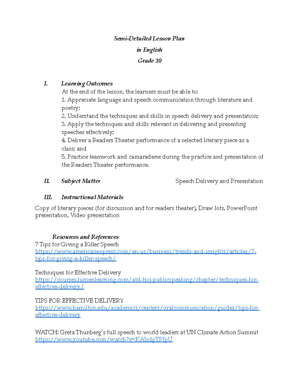 Eng 10 Speech Delivery and Presentation - Semi-Detailed Lesson Plan in ...