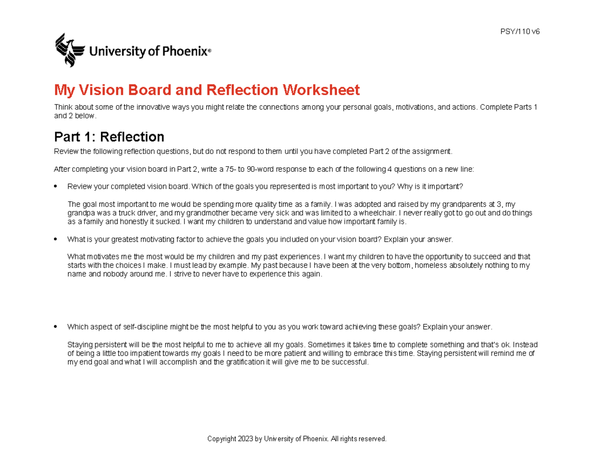 Psy110 v6 wk5 my vision board and reflection worksheet - PSY/110 v My ...