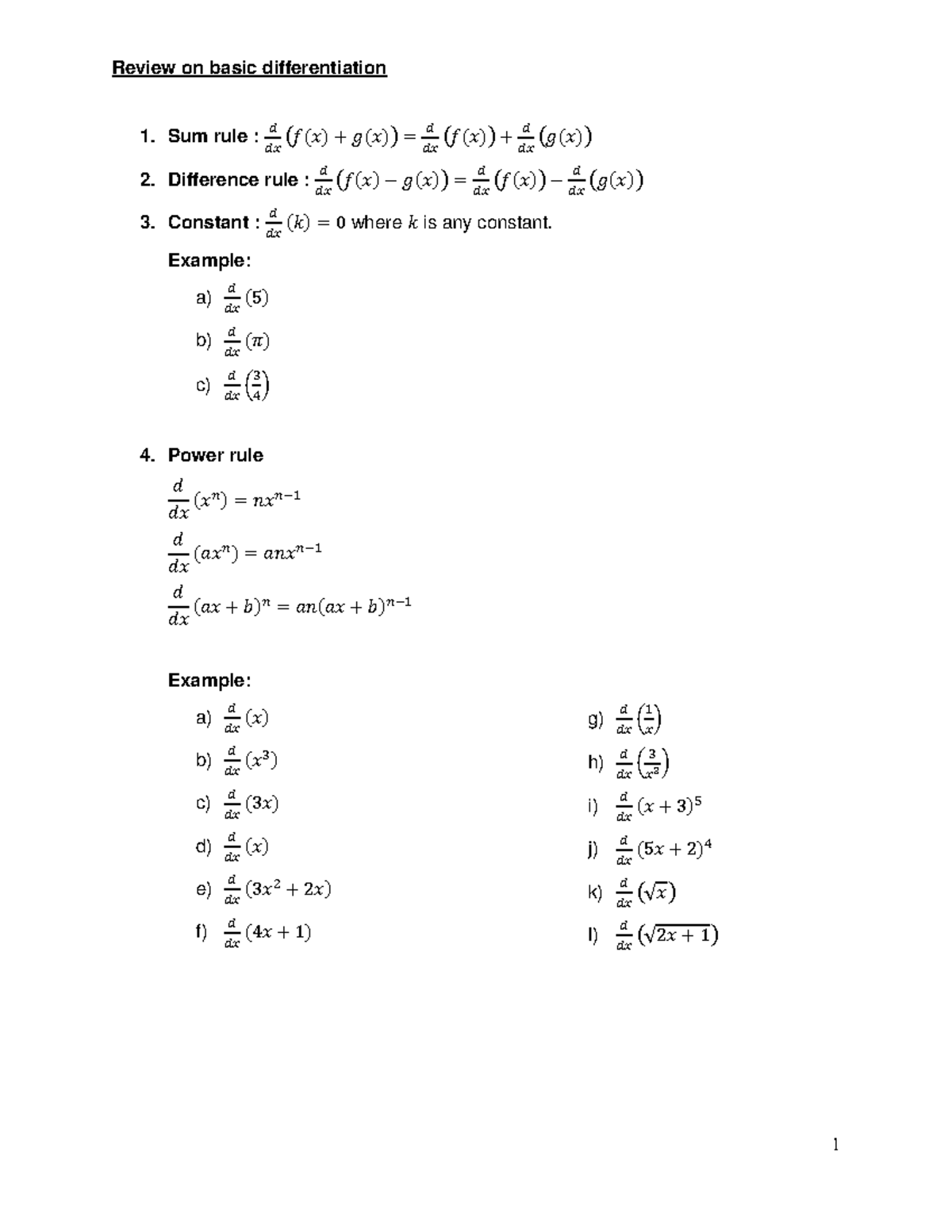 Exercise - Review on basic differentiation and integration - Review on ...