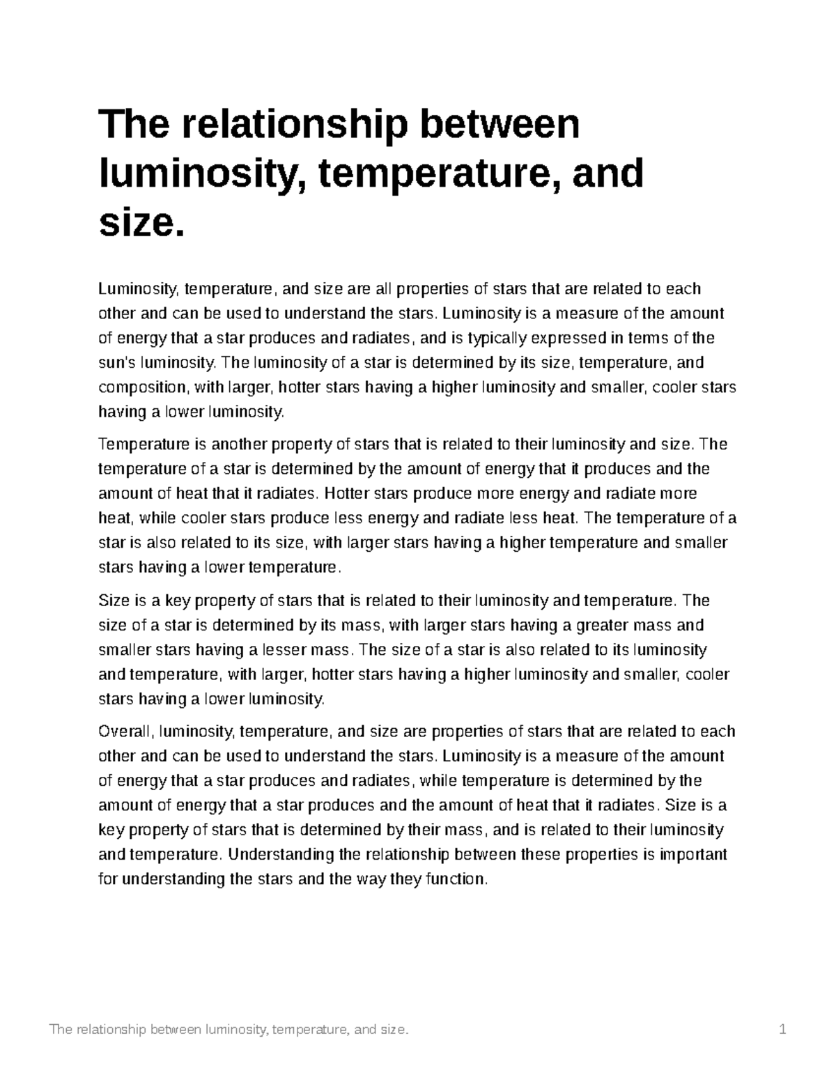 The relationship between luminosity temperature and size - 1 The ...