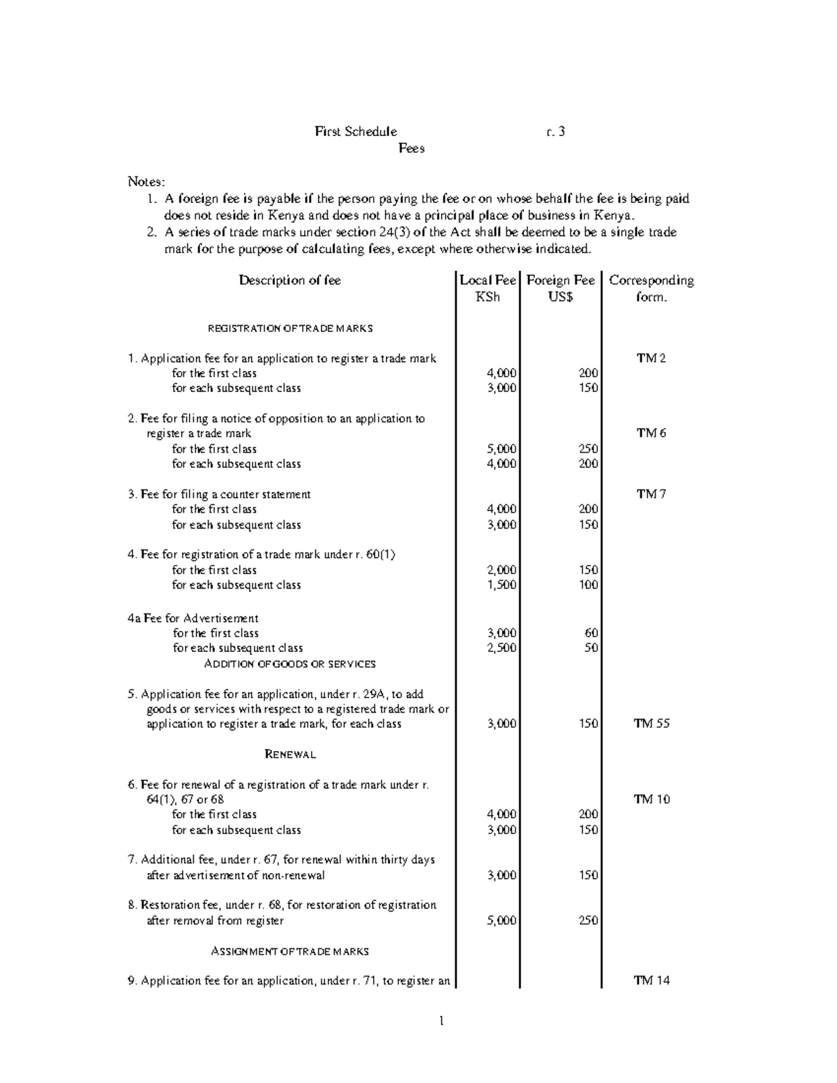Trade mark fees local and foreign - First Schedule r. 3 Fees Notes: 1 ...
