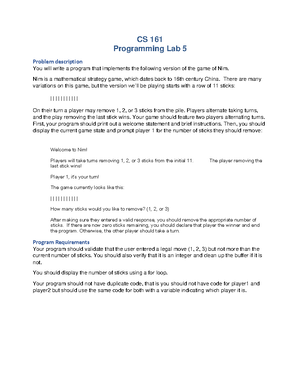 Lab 8 nim functions - lab for the nim game - CS 161 Programming Lab 8 Instructions This lab is ...