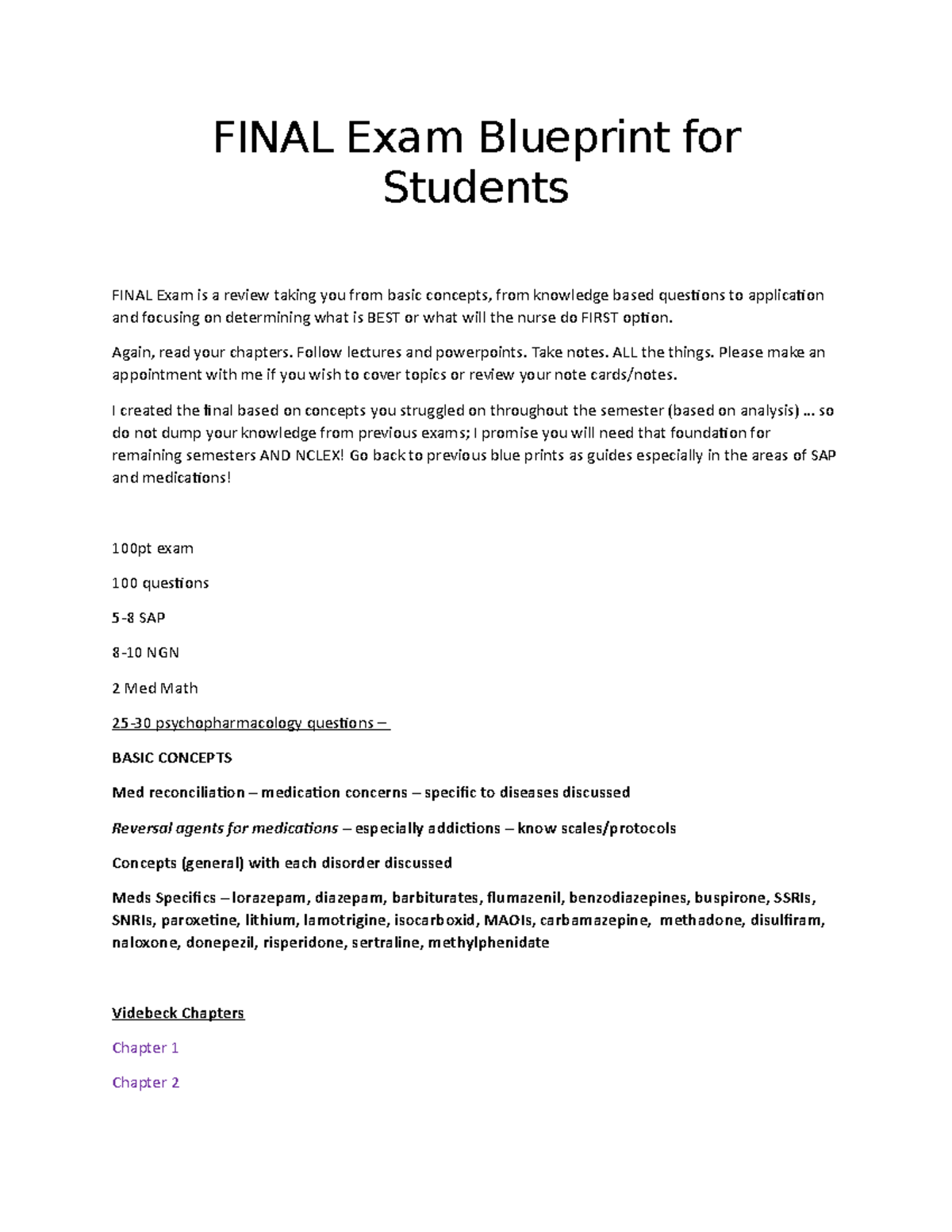 Final Exam Blueprint for Students - FINAL Exam Blueprint for Students ...