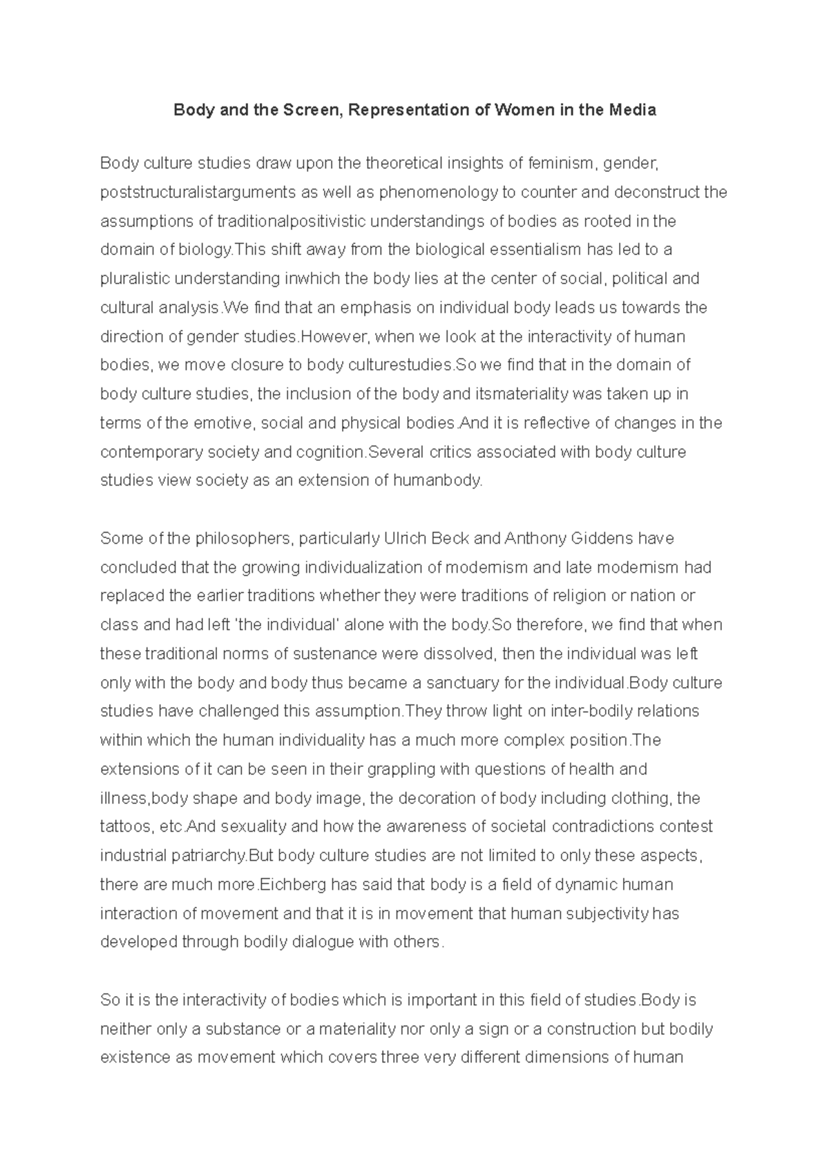 Body culture studies - Body and the Screen, Representation of Women in ...