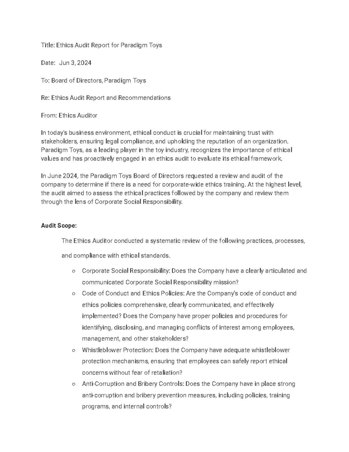 C206 Task 2 - C206 Task 2 - Title: Ethics Audit Report for Paradigm ...