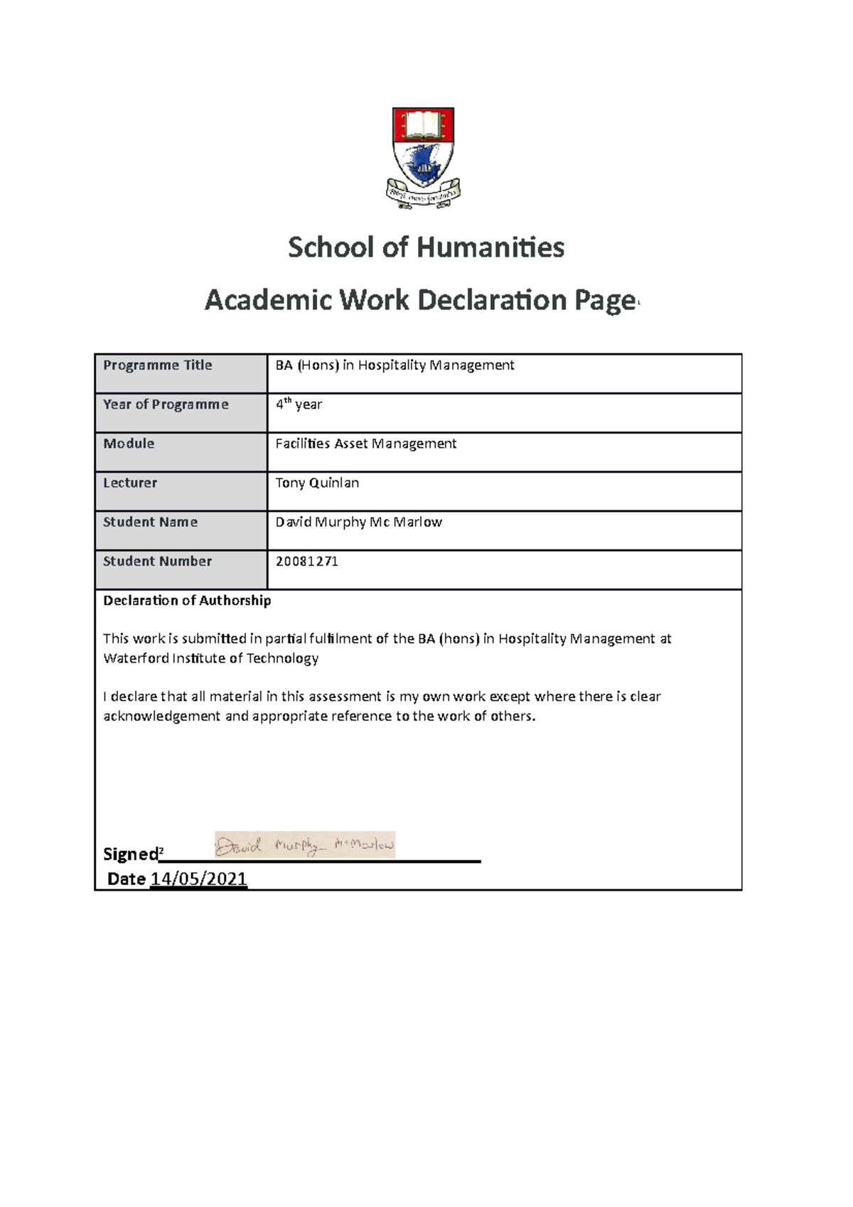 Facilitites Exam - Facilities Exam - School of Humanities Academic Work ...