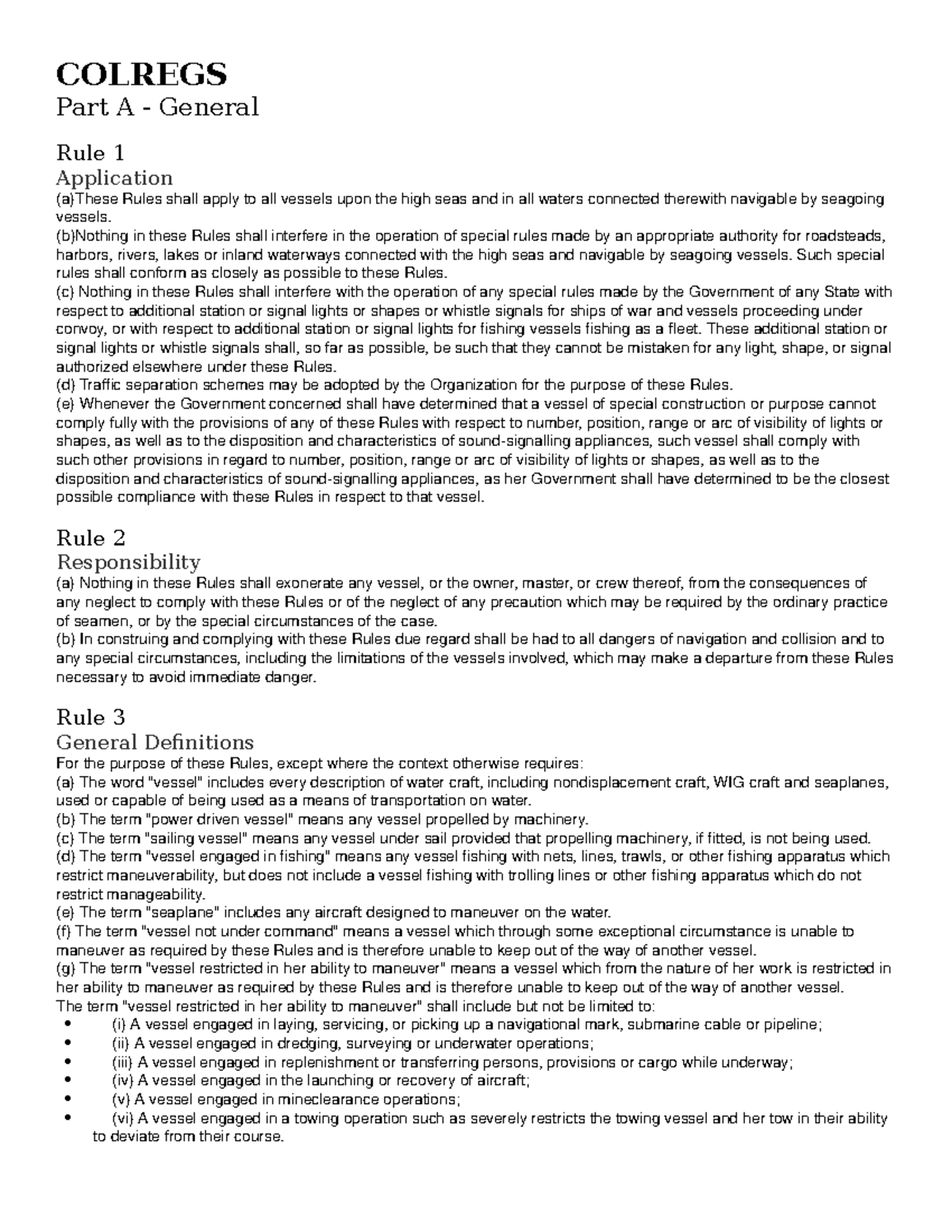 Colregs - COLREGS Part A - General Rule 1 Application (a)These Rules ...