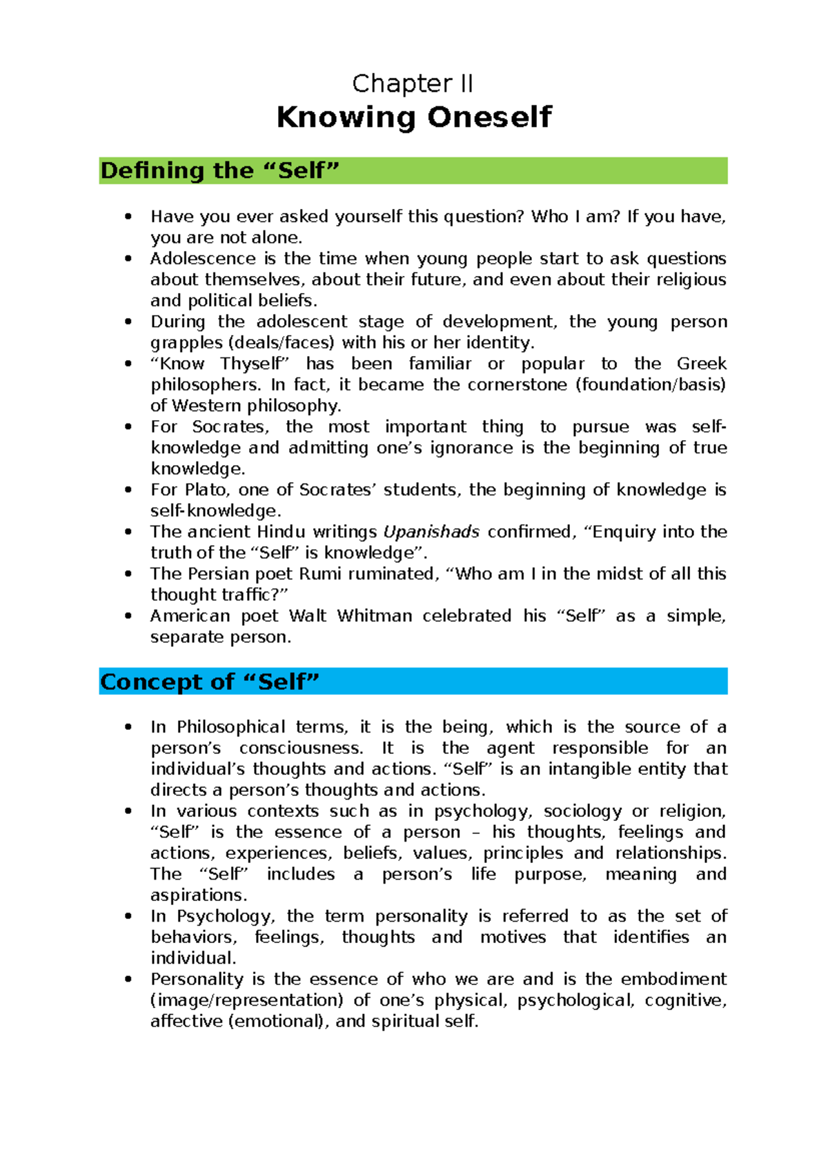Chapter 2 Knowing Oneself - Chapter II Knowing Oneself Defining the “Self” Have you ever asked ...