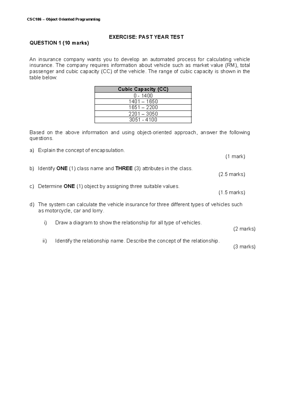Csc186 pastyearpaper - past year paper - EXERCISE: PAST YEAR TEST ...