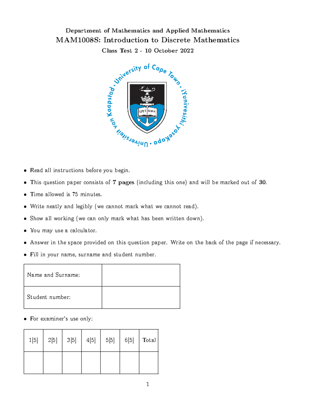 MAM1008 Class test 2 - 2022 - Department of Mathematics and Applied ...