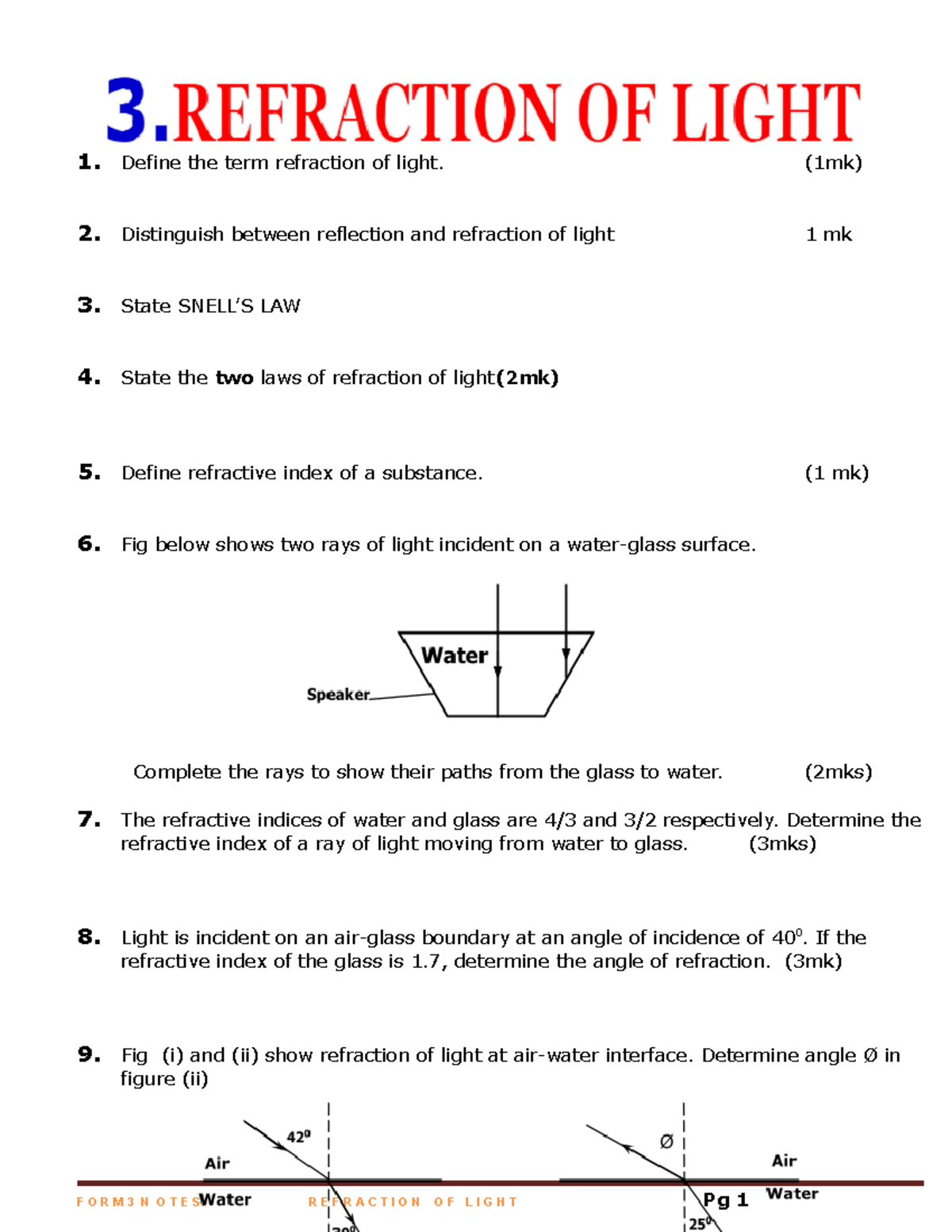 3.2 Refraction OF Light - 1. Define the term refraction of light. (1mk ...