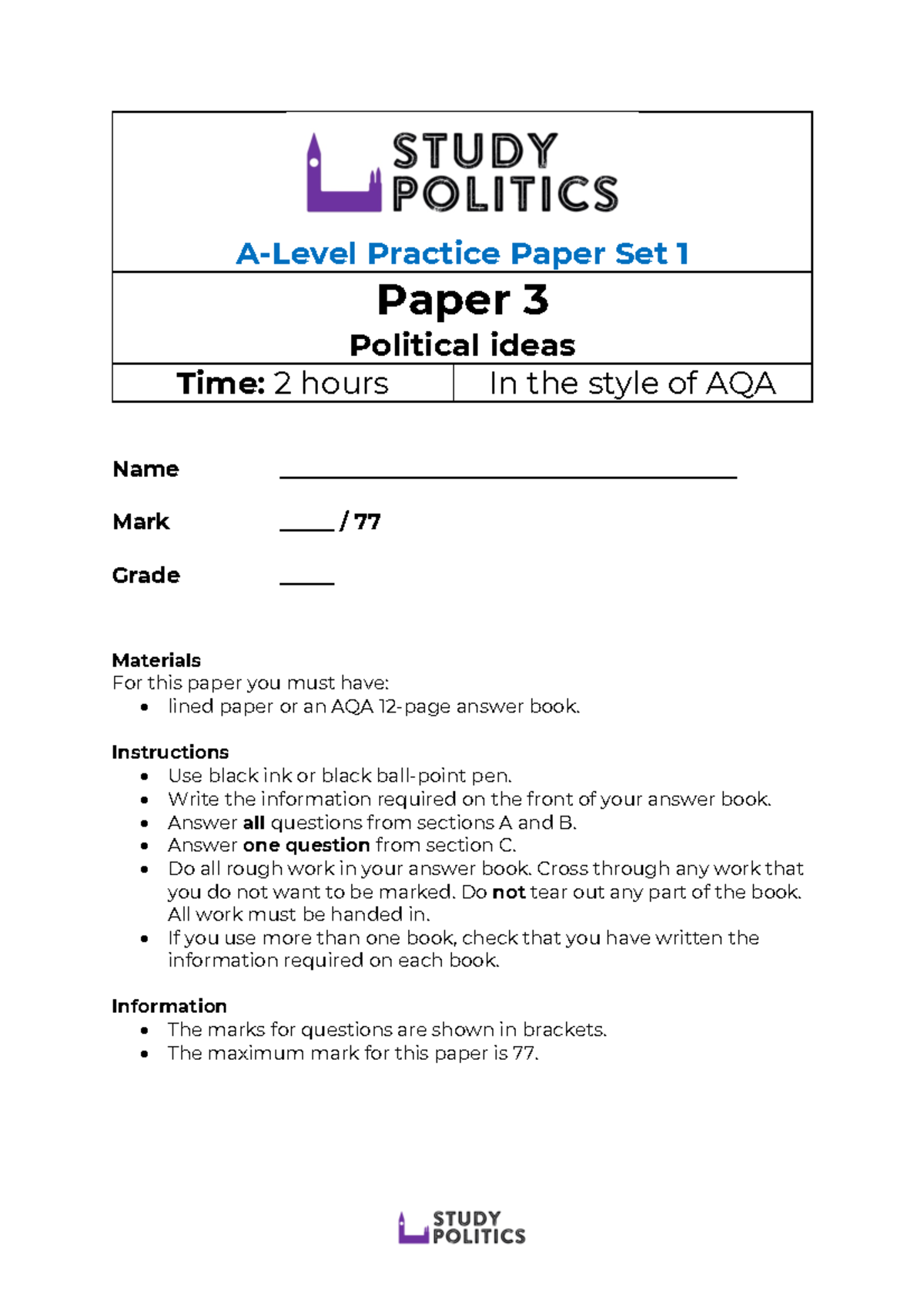 Paper 3 - A-Level Practice Paper Set 1 Paper 3 Political ideas Time: 2 ...