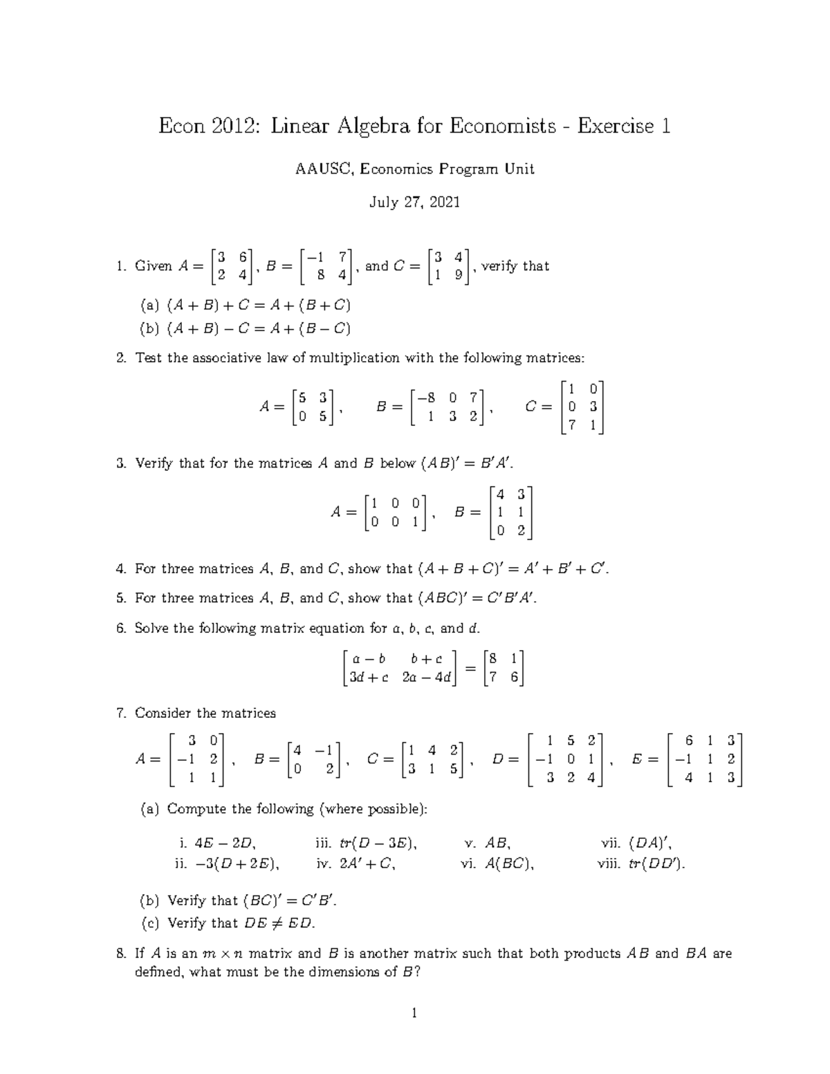 Econ 2012 Exercise-1 - practical exercises to improve maths skill - Econ 2012: Linear Algebra ...