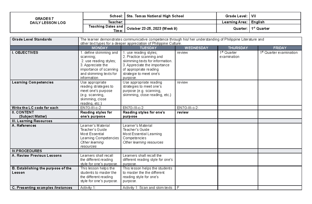 DLL for English 7 - GRADES 7 DAILY LESSON LOG School: Sto. Tomas National High School Grade ...