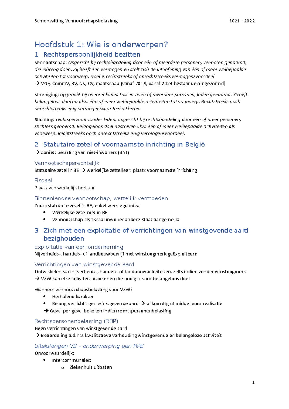 SV VB - Samenvatting handboek - Hoofdstuk 1: Wie is onderworpen? 1 ...