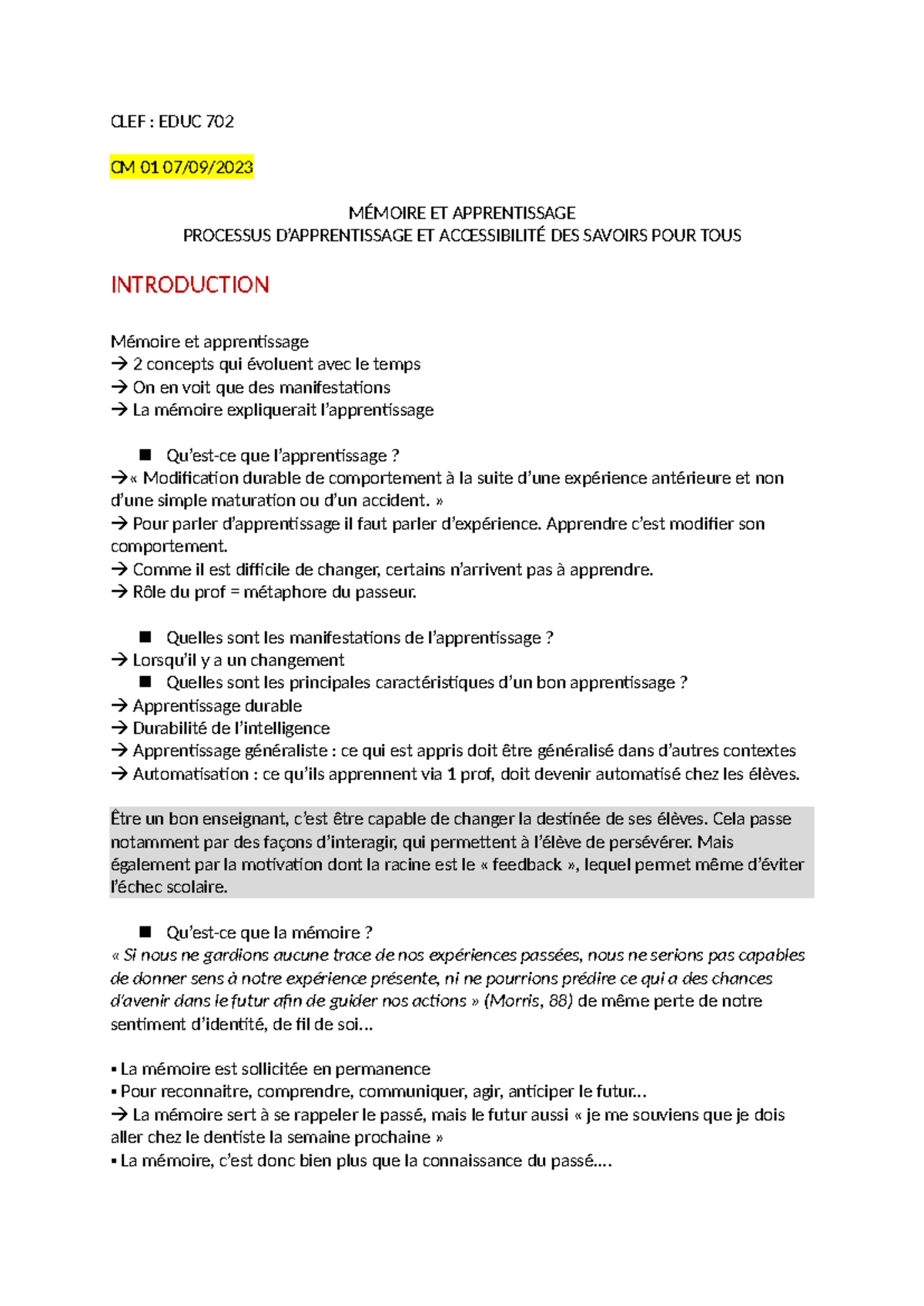 CM Psychologie Cognitive - CLEF : EDUC 702 CM 01 07/09/ MÉMOIRE ET ...