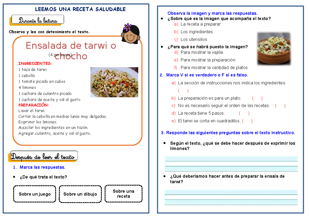 Ficha Leemos MÁS Recetas - LEEMOS UNA RECETA SALUDABLE 1. Marca las ...